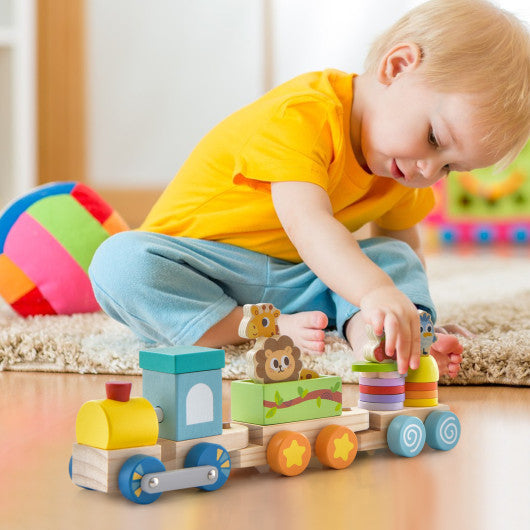 Wooden Stackable Educational Train Set with Colorful Animal Toys and R